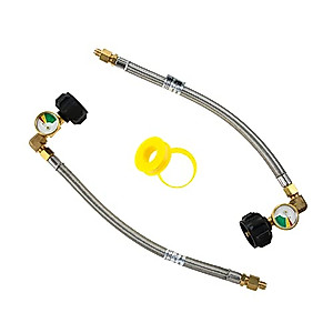 Hicello 1/4" RV Propane Hose with Gauge, Five-piece Set of Propane Hoses Including 2PCS 12" Stainless Steel Braided Hose, 1/4" Inverted Connector, QCC1 Connector and Seal Tape for Camper BBQ Gas Grill