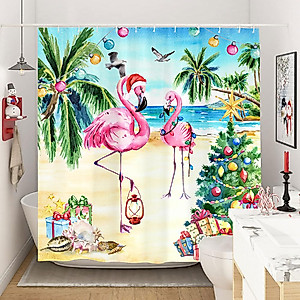 Christmas Flamingo Shower Curtain, Pink Tropical Beach Themed Funny Xmas Hat New Year Holiday Fabric Bath Curtains, Winter Palm Leaves Bathroom Bathtubs Decor with Hooks
