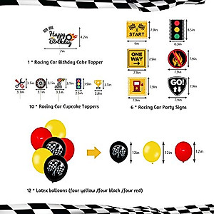 PRATYUS Race Car Birthday Decorations for Kids Boys Let's go Racing Party Supplies With Banner, Welcome Hanger, Car Party Signs, Cake Topper and Checkered Balloons