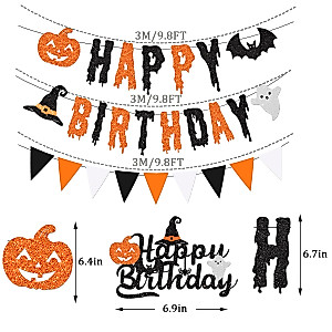 Glitter Halloween Birthday Banner Party Decorations Fall Pumpkin Happy Birthday Banner with Fall Halloween Birthday Cake Toppers for Hocus Pocus Halloween Fall Birthday Decorations Supplies