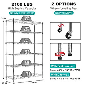 BLKMTY 6 Tier Wire Shelving Unit Adjustable Storage Shelves Metal Shelf with Wheels Wire Rack for Garage Basement Kitchen Racks 2100lbs Capacity Metal Pantry Shelves 48"x18"x82", Silver