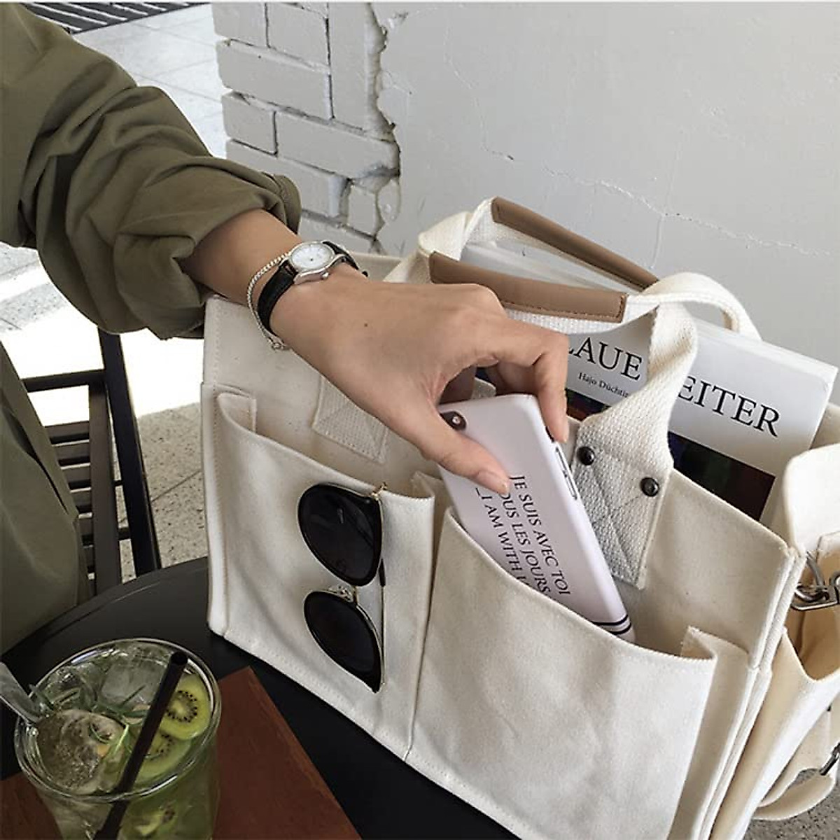 Canvas Bag with Handle -Mommy Bag, Large Capacity Messenger Bag Durable Multi Pocket Shoulder Bag Wear Resistant Tote Purse Reusable Handbag Easy to Clean, Canvas White