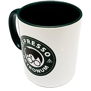 Mean Muggin Espresso Patronum Potter Themed 11oz Ceramic Mug/Cup - Green Inside & Handle - Harry P - Giftable Foam Box Protection