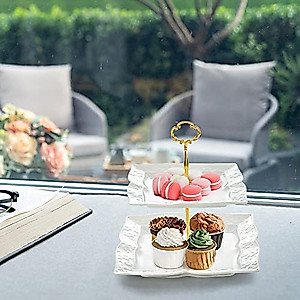 ZEAYEA Set of 2 Ceramic Cupcake Stand, 3 Tier and 2 Tier Porcelain Tiered Cake Stand, White Embossed Dessert Stand, Pastry Serving Tray for Tea Party, Wedding, Birthday