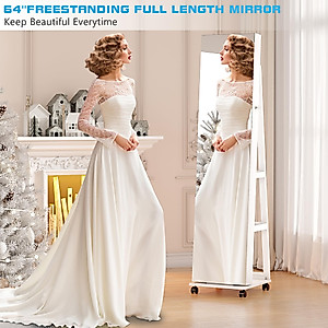 Lvifur 360° Rotating 64'' Jewelry Armoire with 6 LEDS, Full Length Mirror Large Capacity Jewelry Organizer Armoire, Lockable Floor Standing Mirror with 4 rollers for Bedroom, Cloakroom