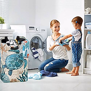 visesunny Coral Turtle On The Wood Large Laundry Bag Collapsible Oxford Fabric Laundry Hamper Foldable Portable Dirty Clothes Laundry Basket with Handles Waterproof Washing Bin Laundry Tote Bag