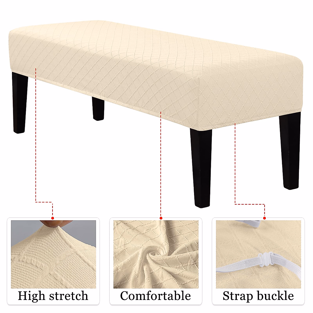 Lebaley Chair Covers for Dining Bench - Stretch Jacquard Removable Washable Chair Seat Slipcovers Protector, Rectangular Bench Cover for bedrooms, Living Rooms, Kitchen（Cream）