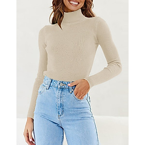 ZESICA Women's Turtleneck Long Sleeve Shirts Spring Basic Tops Slim Fitted Ribbed Knit Sweater,Apricot,Medium