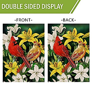 Furiaz Decorative Cardinal Flower Spring Small Garden Flag Double Sided, Red Yellow Birds Home Floral Lily Burlap Outside House Yard Decoration, Summer Green Seasonal Outdoor Décor Flag 12.5 x 18