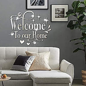 Welcome to Our Home Wall Decor Sticker, Home Acrylic 3D Mirror Wall Decal, Removable Art Letter Sign, Wall Door Quote Decoration DIY for Living Room Bedroom Sofa TV Background (Silver)