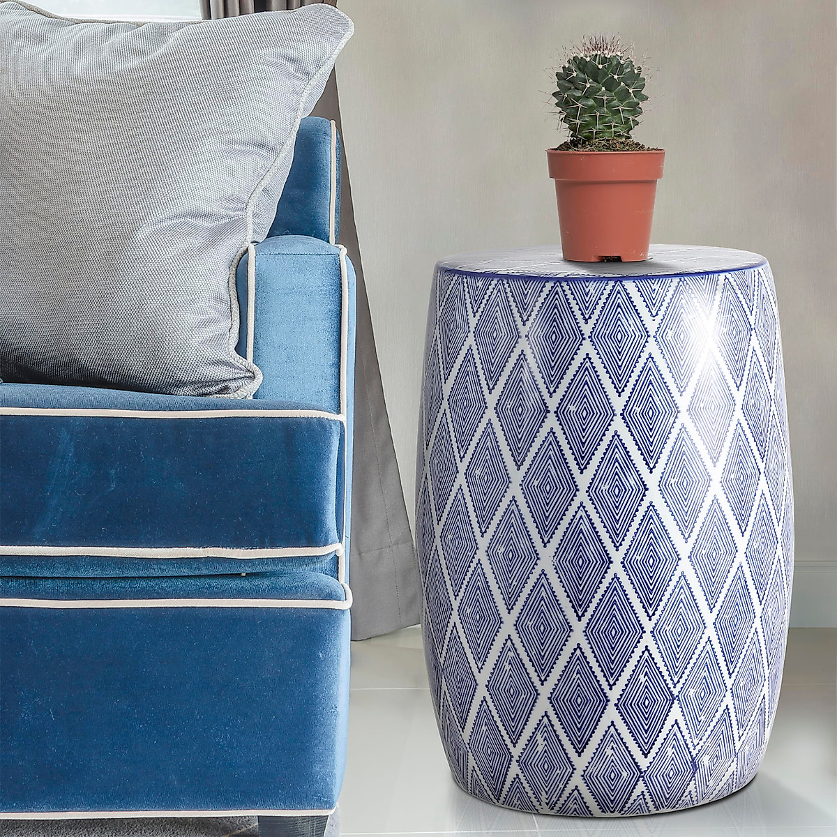 JONATHAN Y TBL1019A Moroccan Diamonds 18" Ceramic Drum Garden Stool, Coastal, Contemporary, Transitional, Side Table, Plant Stand, Spill-Proof, Living Room, Garden Room, Patio, Blue/White