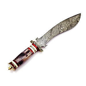 Skokie Knives Custom Damascus Steel Hunting Knife Color Camel Bone Handle with Brass Spacer -Handmade Premium Quality Edge Fixed Blade – For Multipurpose – Ideal for Survival Hunting Camping Hiking Outdoor Every Day Carry Professional Use Art of Craftsman