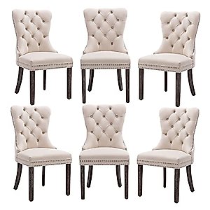 civama Velvet Dining Chairs Set of 6, Upholstered Tufted Dining Chairs with Nailhead Trim Back Pull Ring, Nikki Collection Elegant Armless Kitchen Chair with Solid Wood Legs, Beige