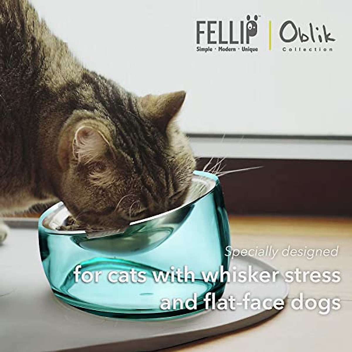 Felli Pet Oblik Whisker Fatigue Friendly Raised Cat Food Bowl Stainless Steel, Anti Vomiting Tilted Shallow Dish Easy Clean, Slanted Flat Metal Feeder Elevated Angled Spill Proof (0.5Cups, Classic)