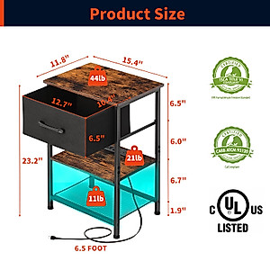 LAKEMID Nightstands Set of 2 with Charging Station and Drawer, End Table Side Table with 20 Colors LED Light Strip and 2 Layers Shelf for Bedroom Living Room Sofa (Rustic Brown)