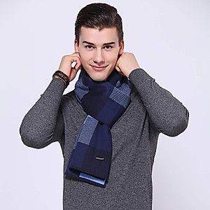 KODOD Plaid Striped Wool Scarf for Men - Winter Soft Thick Cashmere Knit Scarves (A Wool Blend Scarf Navy&Blue Plaid)
