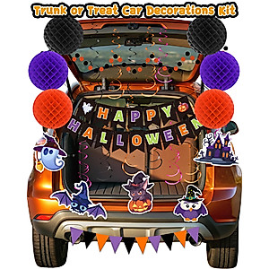 Happy Halloween Banner Halloween Party Decorations Indoor, Paper Pom Poms Triangle Flag Halloween Sign Hanging Garland Swirls Halloween Streamers for Trunk or Treat Decorations