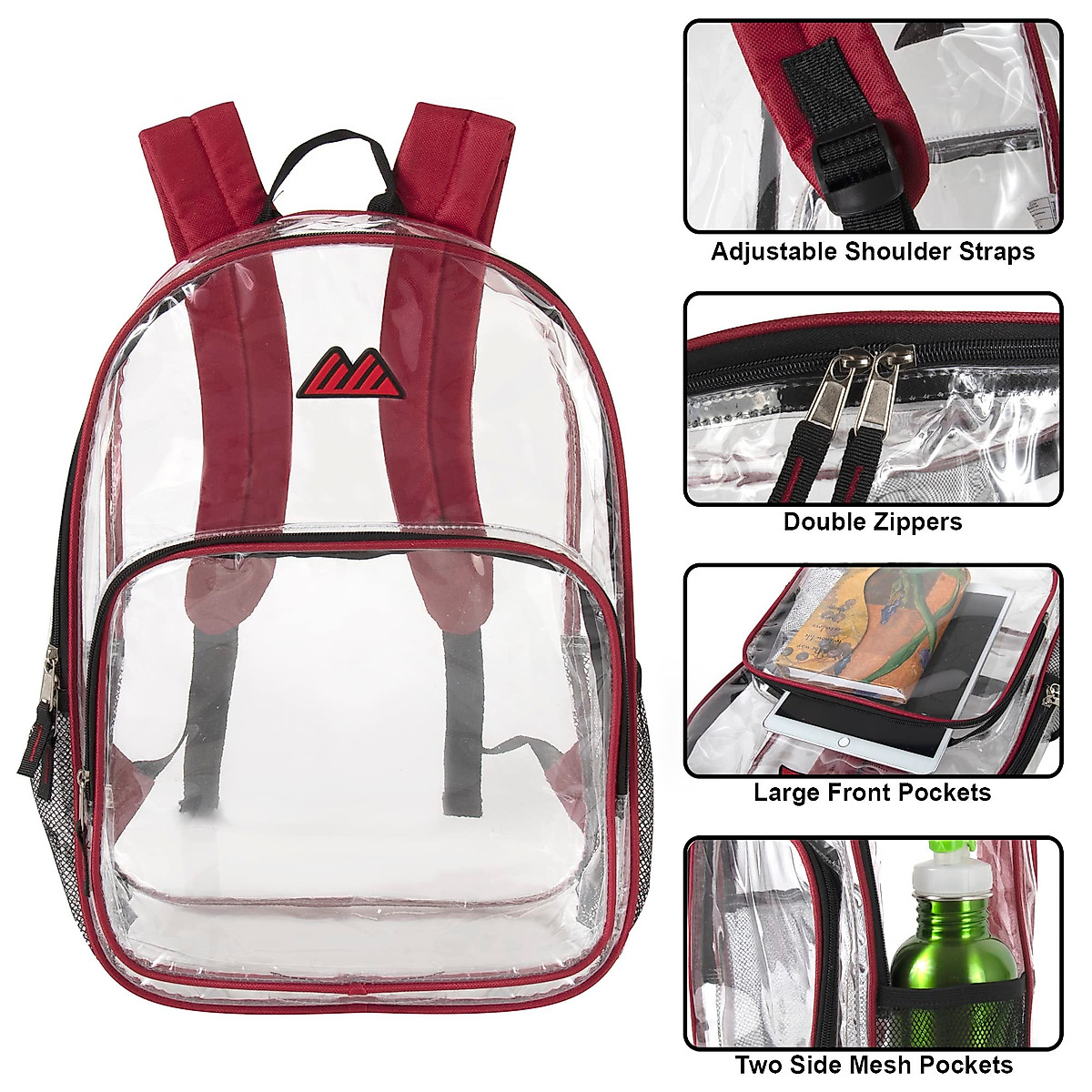 Summit Ridge Waterproof Clear Backpack with Water Bottle Holder Stadium Approved Heavy Duty Clear Backpack Quality See Through Bag (Red)