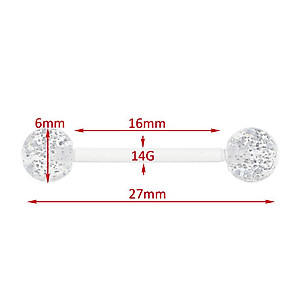 Oasis Plus 4pcs 14G Clear Glitter Bioplast Tongue Ring Nipple Barbell 6mm UV Acrylic Ball
