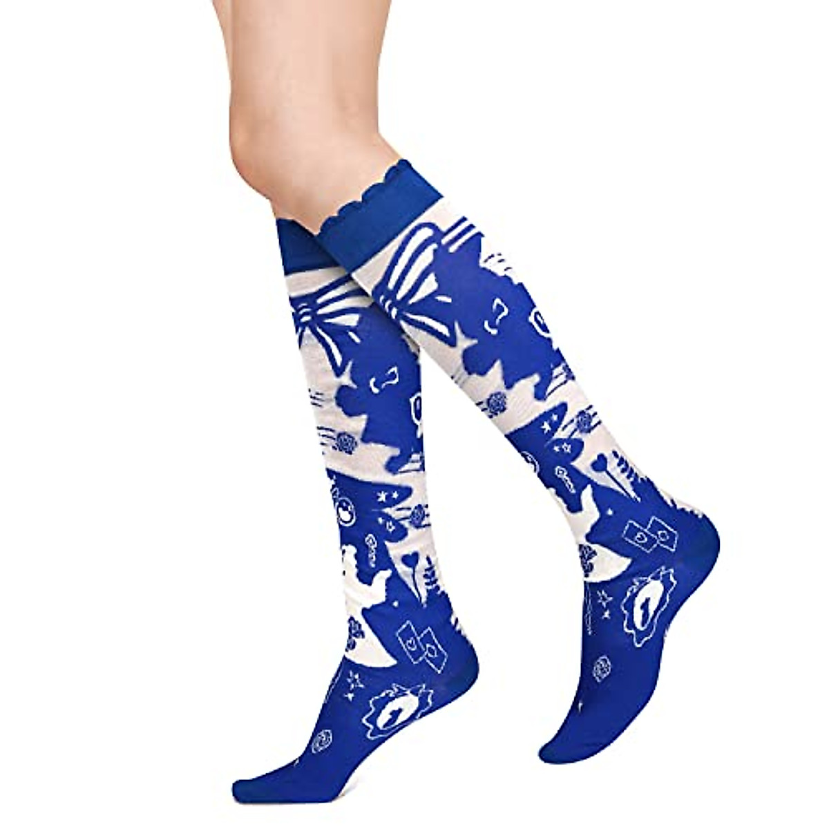 Benefeet Sox Womens Girls Cute Lace Knee High Socks Blue Sheer Mesh Knee High Stockings Transparent See Through Ultra Thin Silk Fancy Silly Cat Patterned Printed Long Stocking Socks, Blue Bow Cat