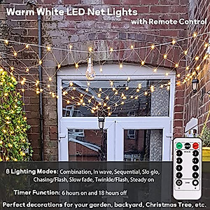 echsoari Battery Operated Net Lights, 100 LED Net Fairy Lights 8 Modes Remote Timer Dimmable Garden Patio Mesh Lighting for Bush Deck Fence Wall Party Wedding Christmas Decor (Warm White)