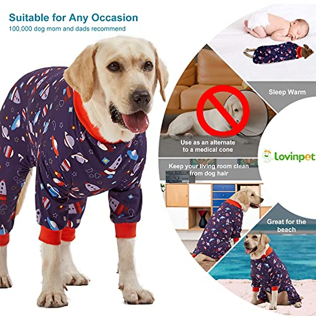 LovinPet Pullover Pitbull Pajama PJS - Lightweight Pullover Pajamas, Full Coverage Dog Pjs,Spacecraft Navy Print, Large Breed Dog Pjs/XL