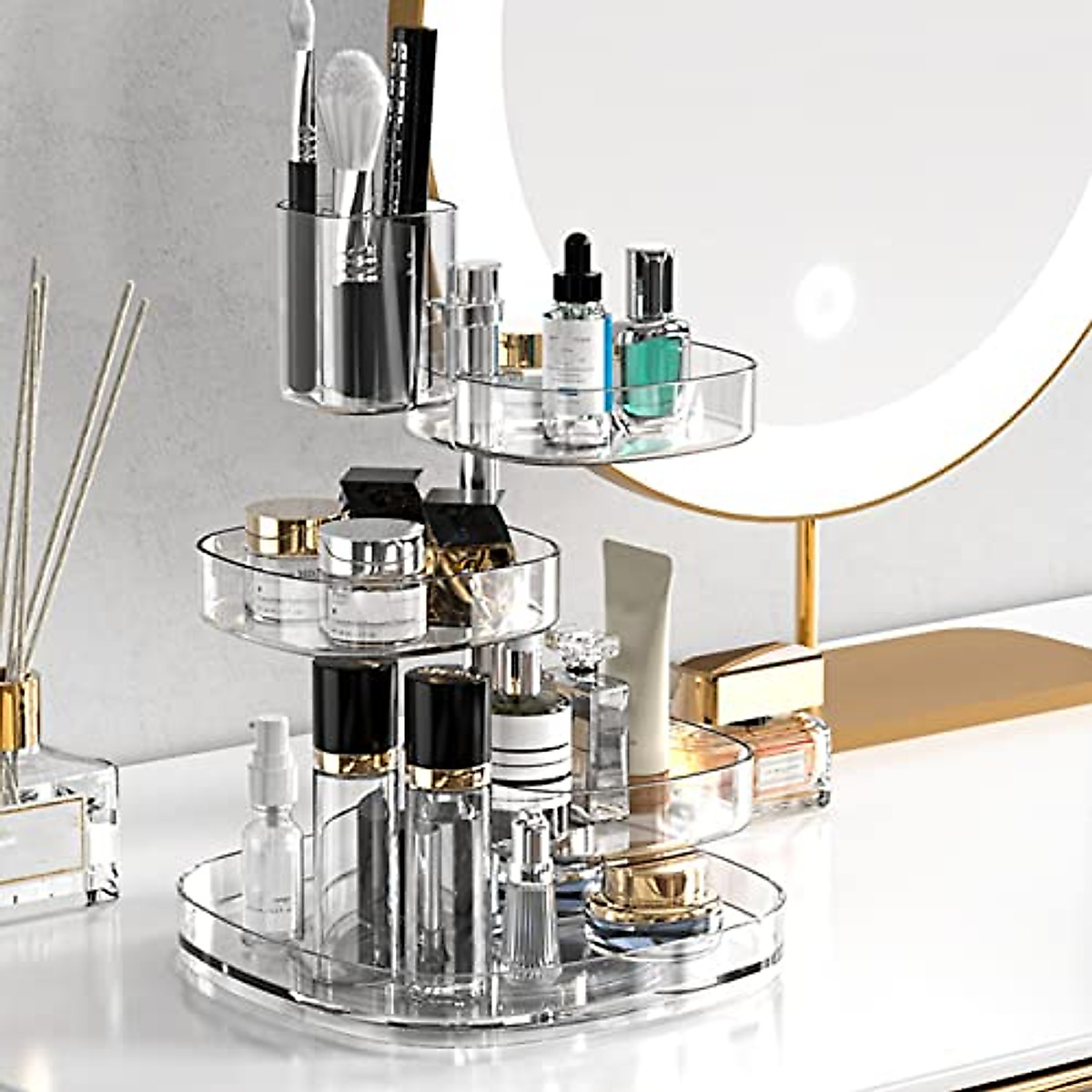 Makeup Organizer Storage Rack Adjustable Trays Large Capacity Cosmetics Holder for Countertop Vanity Bathroom Bedroom Clear Acrylic Degree Rotating Makeup Organizers Tray Drawers and Storage for
