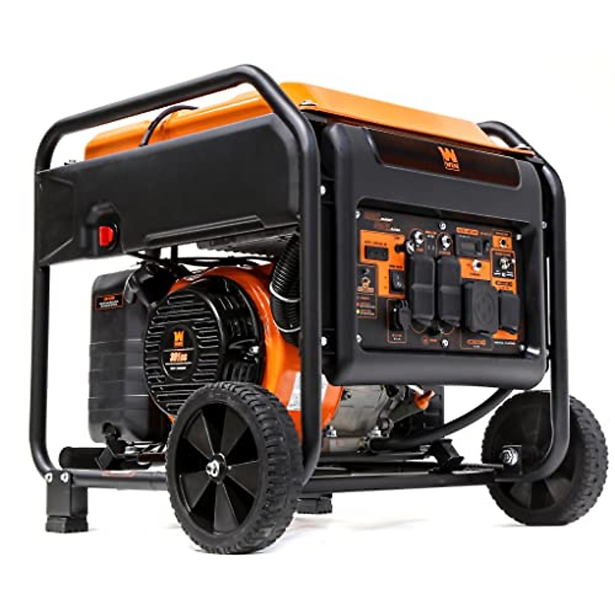 WEN GN625iX 6250-Watt RV and Transfer-Switch-Ready 120V/240V Open Frame Inverter Generator with CO Shutdown Sensor and Wheel Kit, Black/Orange