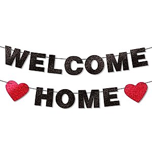 JunyRuny Welcome Home Black Red Glitter Banner, Welcome Back Party Decorations, Welcome Home Signs for Inside, Large Welcome Banner, Welcome Home Decor