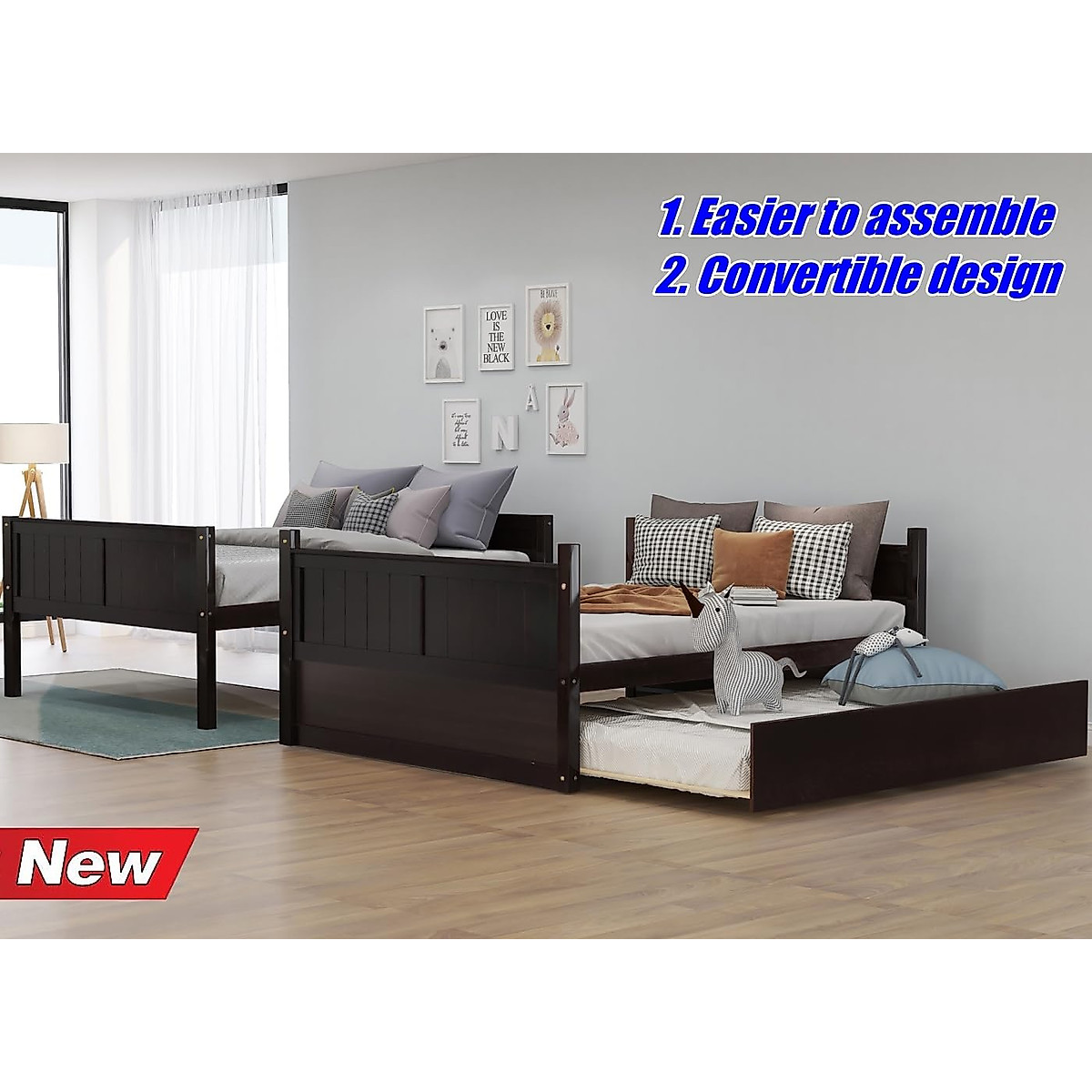 AOOMEEC Higher Quality and Stronger Solid Wood Bunk Bed Full Over Full with Trundle for Kids Teens Boys Girls Adults, Thicken More Stable Full Over Full Bunk Bed Frame, Easier to Assemble (Espresso)