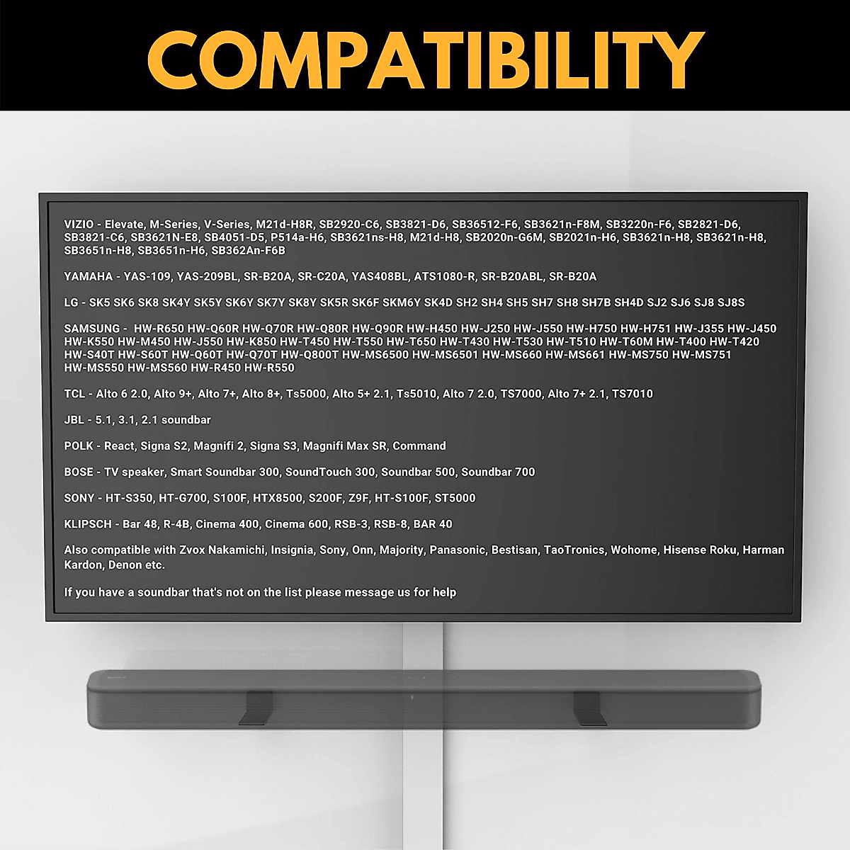 Universal Soundbar Wall Mount Bracket, Adjustable, Compatible with Most Brands, Includes All Mounting Hardware, Black