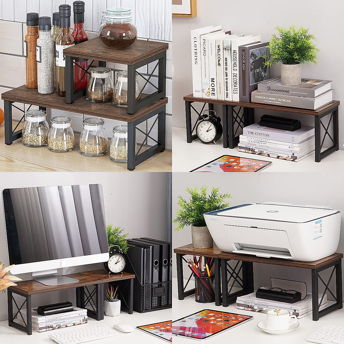 Giikin Wood Desktop Shelf - Table Top Corner Shelf Stand - Kitchen Counter Organizer - Multi-Purpose Adjustable Riser for Monitor Cups Jars Spices - 2 Tier Independent Stackable Desk Stand…