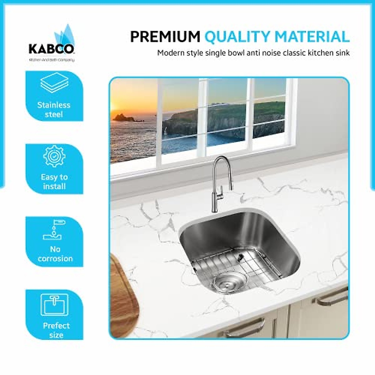 KABCO 16 Inch Square Single Bowl Stainless Steel Classic Kitchen Sink with Kitchen Sink Strainer, Garbage Basket and Sink Grid, 18 Gauge Undermount Rust Resistant Sound and Heatproof Swirl Finish Sink