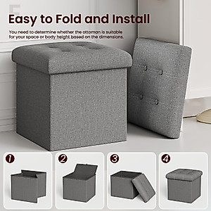 YOUDENOVA 15 inches Storage Ottoman Cube, Foldable Storage Boxes Footrest Step Stool, Padded Seat for Dorm Living Room, Support 300lbs, Line Fabric Grey