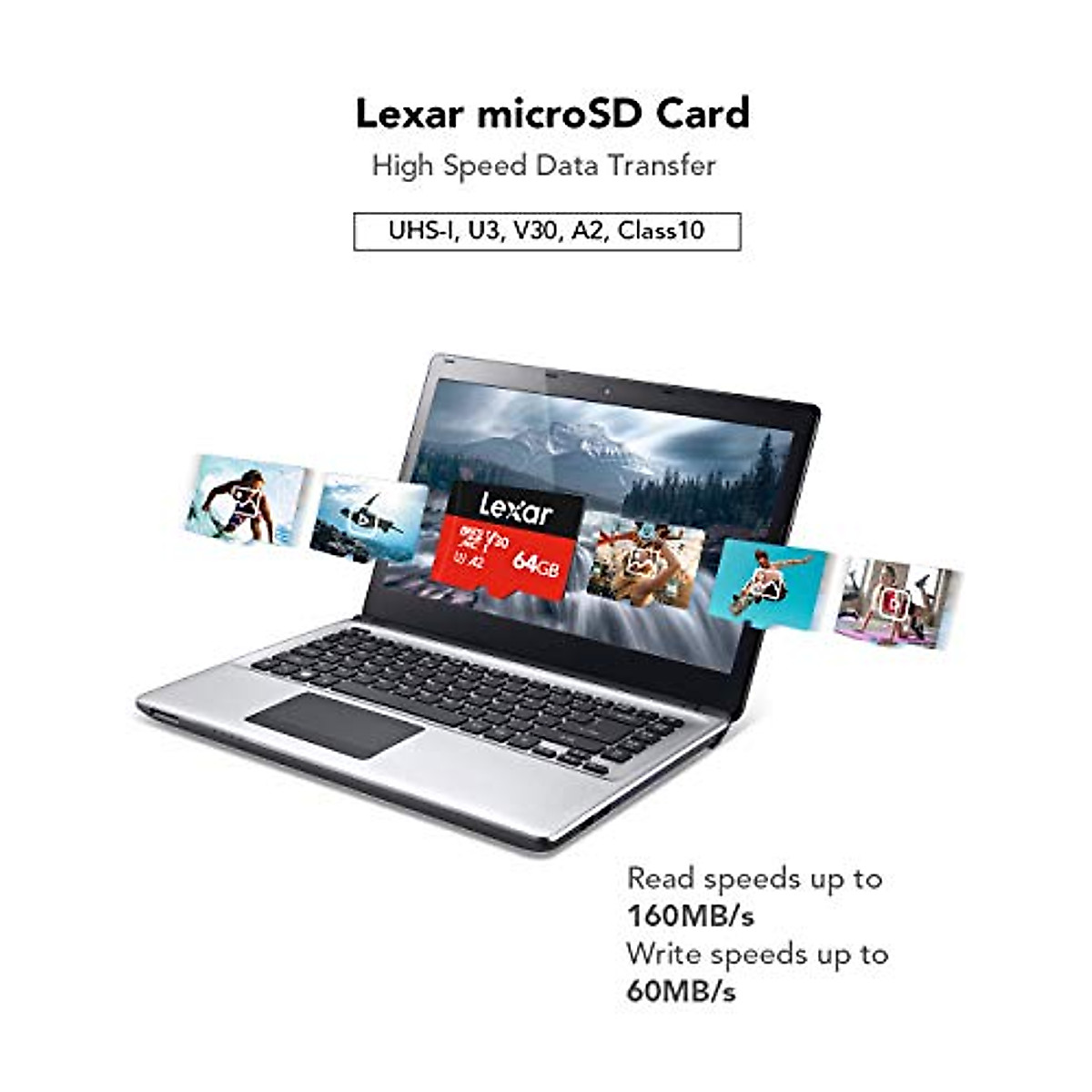 Lexar 64GB Micro SD Card, MicroSDXC Flash Memory Card with Adapter Up to 160MB/s, A2, U3, V30, C10, UHS-I, 4K UHD, Full HD, High Speed TF Card for Phones, Tablets, Drones, Dash Cam Security Camera