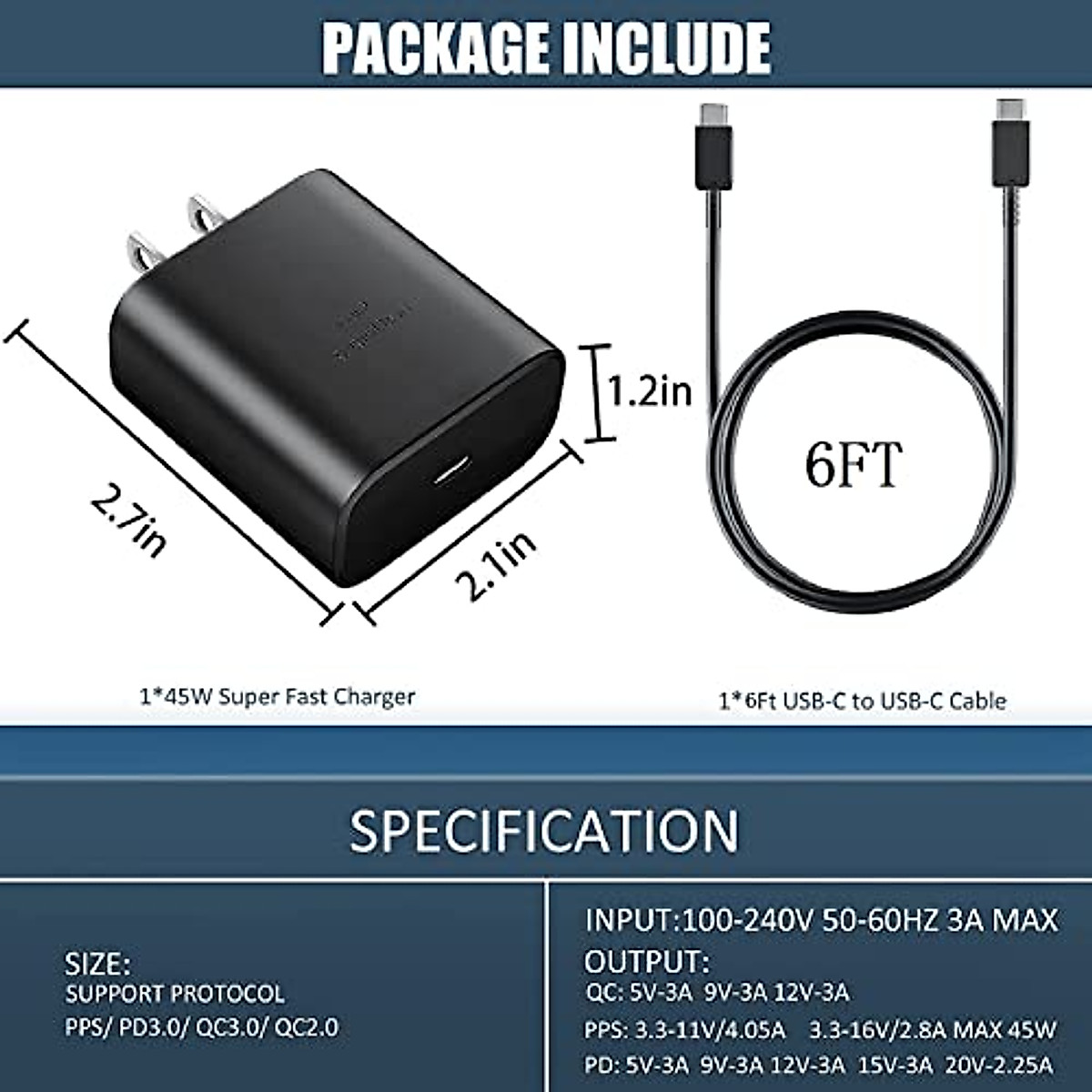 Samsung 45W Super Fast Charger,USB C Super Fast Charging for Samsung Galaxy S23 Ultra/S23/S23+/S22/S22+/S22 Ultra/S21/S21 Ultra/S20+/Note 20/Note 10/Galaxy Tab S7/S7+/S8/S8 Ultra with 6FT Type C Cable