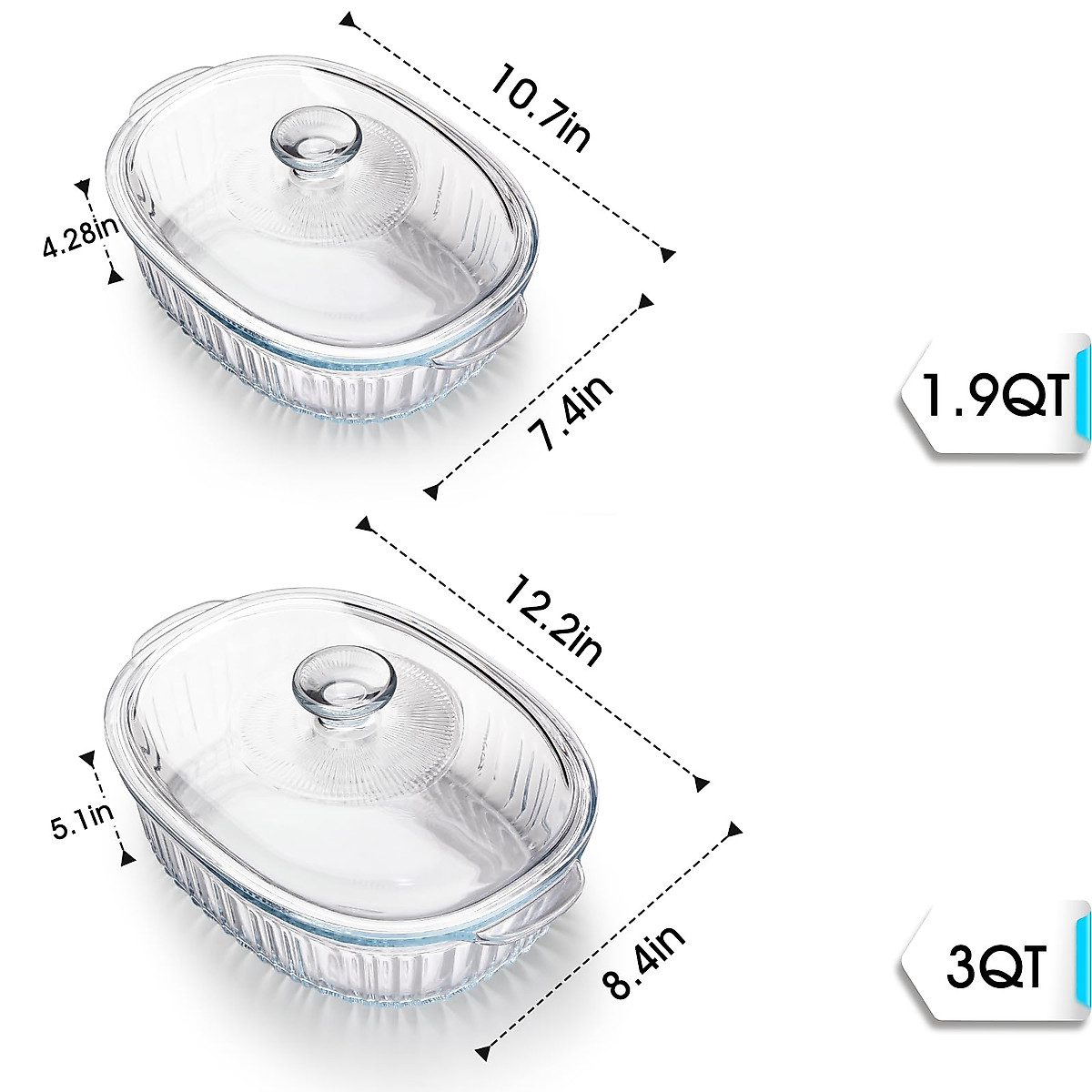 NUTRIUPS 4-pieces Oval Glass Casserole Dish with Lid, Set of 2（1.9 QT+3 QT) Borosilicate Glass, Oval Casserole Dish for Oven