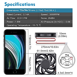 Wathai DC 12V Cooler Case Fan 70mm x 70mm x 15mm 2Pin Brushless Cooling Fan High Performance 2Pack