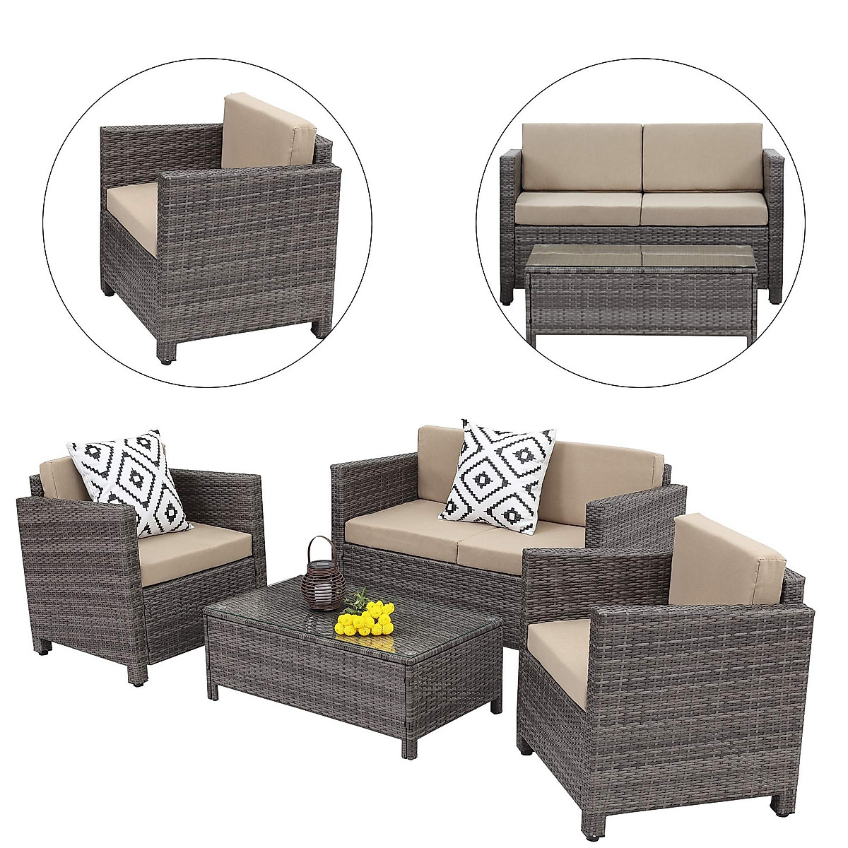 Solaste 4 Piece Outdoor Furniture Sets,Patio Conversation Sofa Wicker Chair with Cushion,All-Weather Rattan Sofa for Porch Backyard Outside Garden Lawn Yard,Grey
