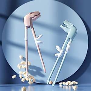 Training Chopsticks - Cute Beginner Chopsticks - Children's Cutlery and Learning Utensils With attachable Trainer - Encourage Fine Motor Skills and Healthy Eating Habits - Green Dinosaur