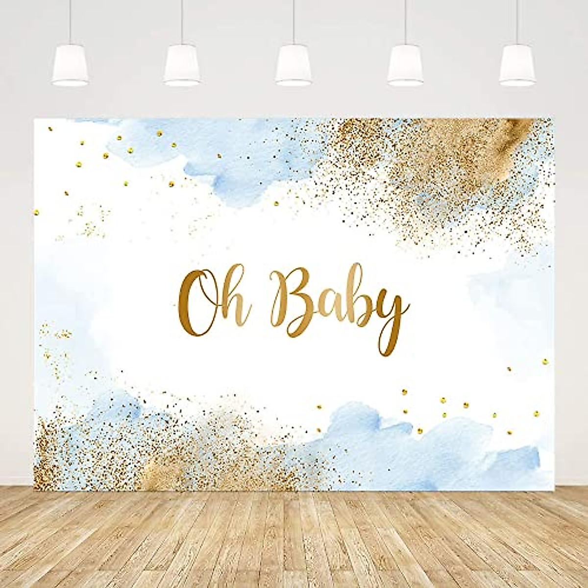 Sendy 7x5ft Oh Baby Backdrop for Boys Watercolor Pastel Photography Background Blue Clouds Gold Glitter Baby Shower Party Decorations Cake Table Banner Supplies Photo Studio Props