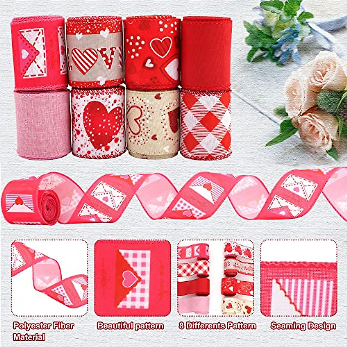 8 Rolls Heart Burlap Ribbon 2.5" Valentine's Day Ribbon Red Pink Buffalo Plaid Wired Edge Heart Love Ribbon for Gift Wrapping Wedding Anniversary Home Decor Floral Bows Wreath Craft and DIY, 40 Yards