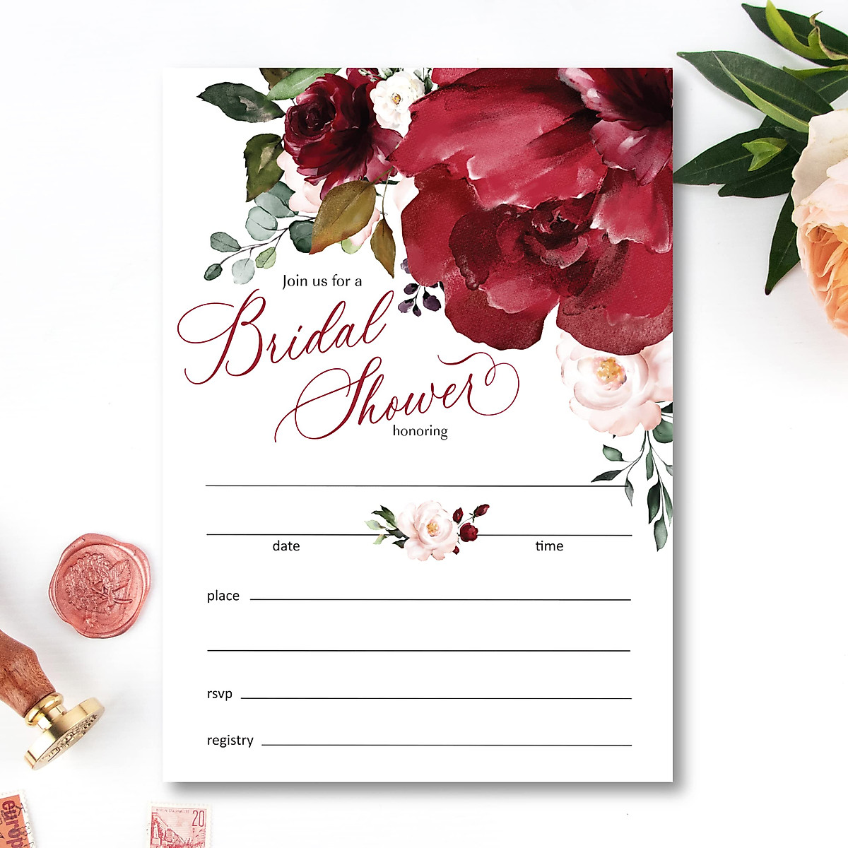 Moonrise Papery Set of 25 Bridal Shower Invitations with Envelopes — Floral Bridal Shower Invitations