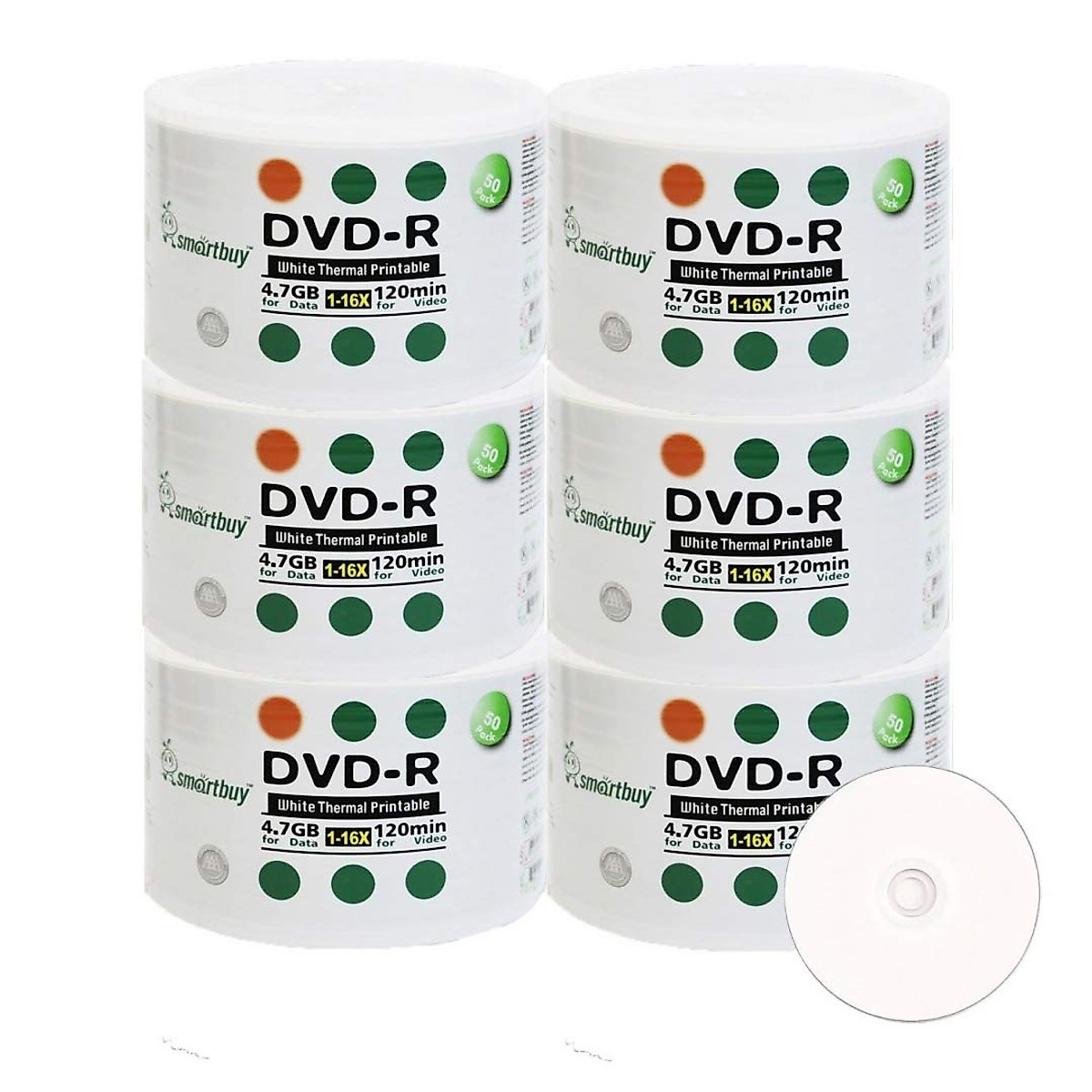 Smart Buy 300 Pack DVD-R 4.7gb 16x Thermal Printable White Blank Data Video Record Disc, 300 Disc 300pk