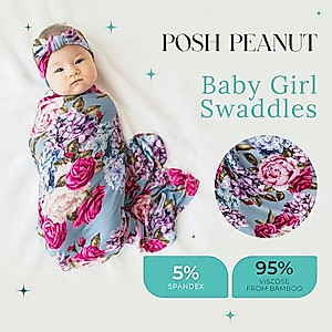 Posh Peanut Swaddle Blanket & Headband Set – Viscose from Bamboo Stretchy Baby Swaddle for Newborn Girls, Receiving Blanket or Nursing Cover (Lacey)