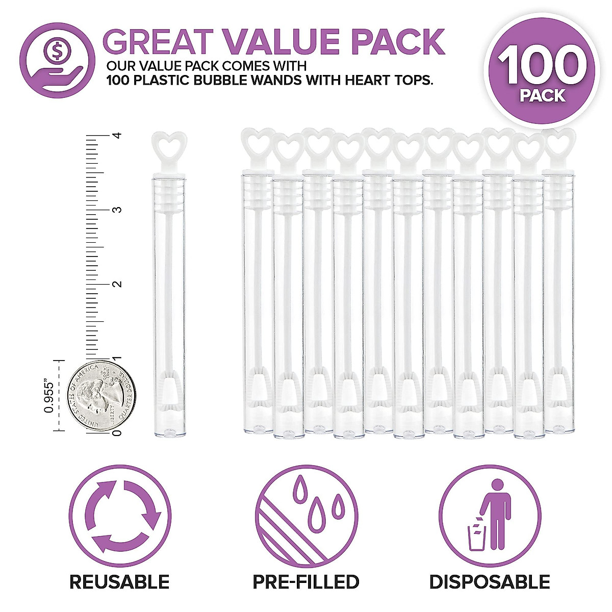 Wedding Bubbles Bulk - White Heart Top Wands (100 Count) Individual Mini Bubble Wand Favors for Weddings, Celebration Party Favor for Guests - Stock Your Home
