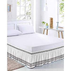 Boho Bed Skirt King Size 18 Inch Drop, Adjustable & Elastic Wrap Around Bed Skirts Pleated Luxury Dust Ruffles for Twin Full Queen Cal King Base Bed, Black Bohemia Geometric Ethnic Stripes