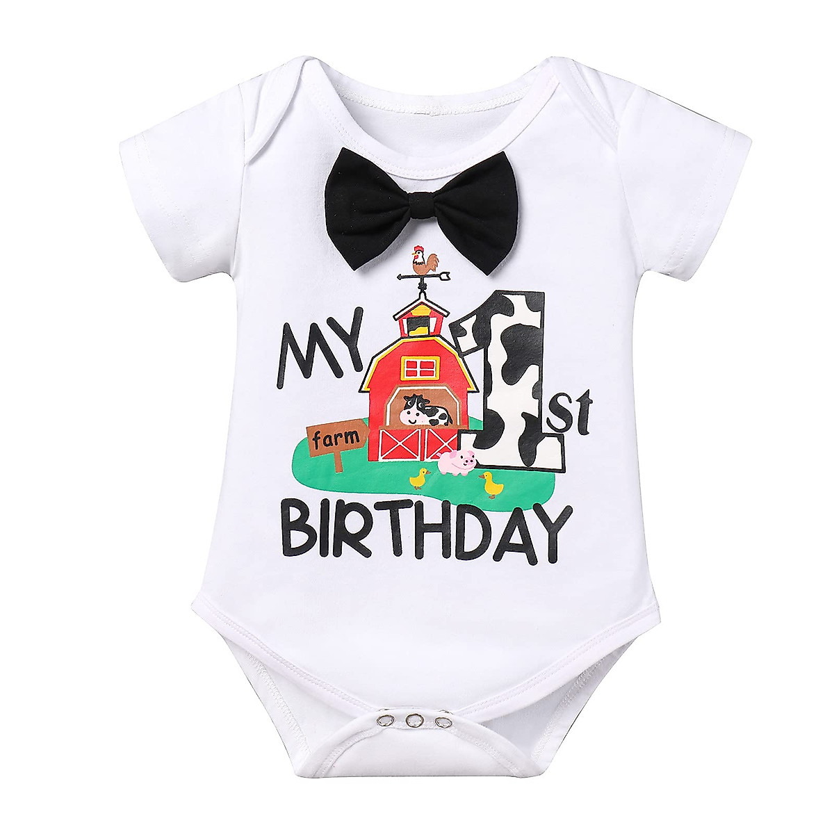 Baby Boys Farm Animals Themed 1st Birthday Cake Smash Outfit Bowtie Romper + Suspenders + Shorts Cow Boys Clothes Set, White - My 1st Birthday, 12-18 Months