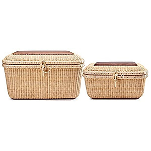 Teng Tian Nantucket baskets Rectangular Handwoven rattan Storage Basket Set with Lid for Shelves and Home Organizer Bins (2-Size Kit)
