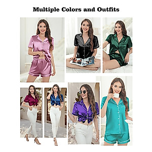 Lanyoshe Silk Pajamas for Women Satin Womens Pajama Sets Short Sleeve Lounge Set 2-Piece Sleepwear Notch Collar Button-Down PJ Set (Orange, XL)